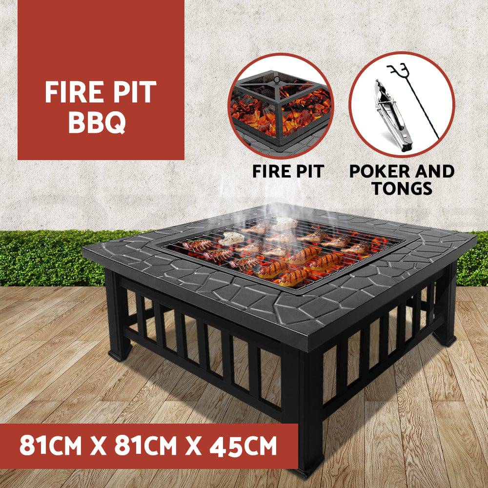 Fire Pit Outdoor BBQ Table Grill Fireplace Stone Pattern 81x 81 x 45cm ...